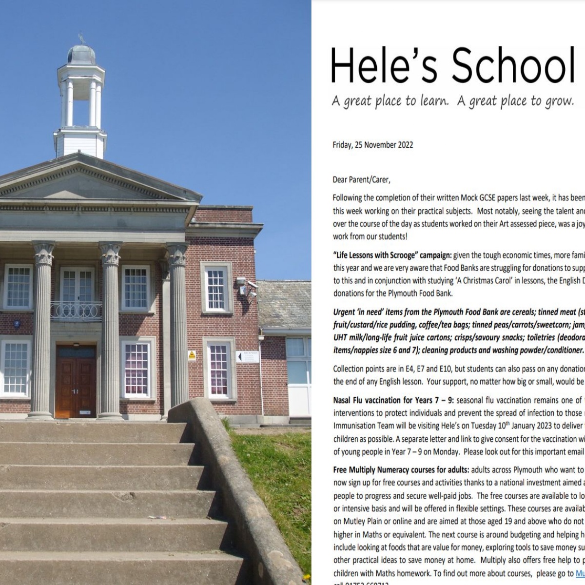 Hele's School - Parent/Carer Update 25/11/22