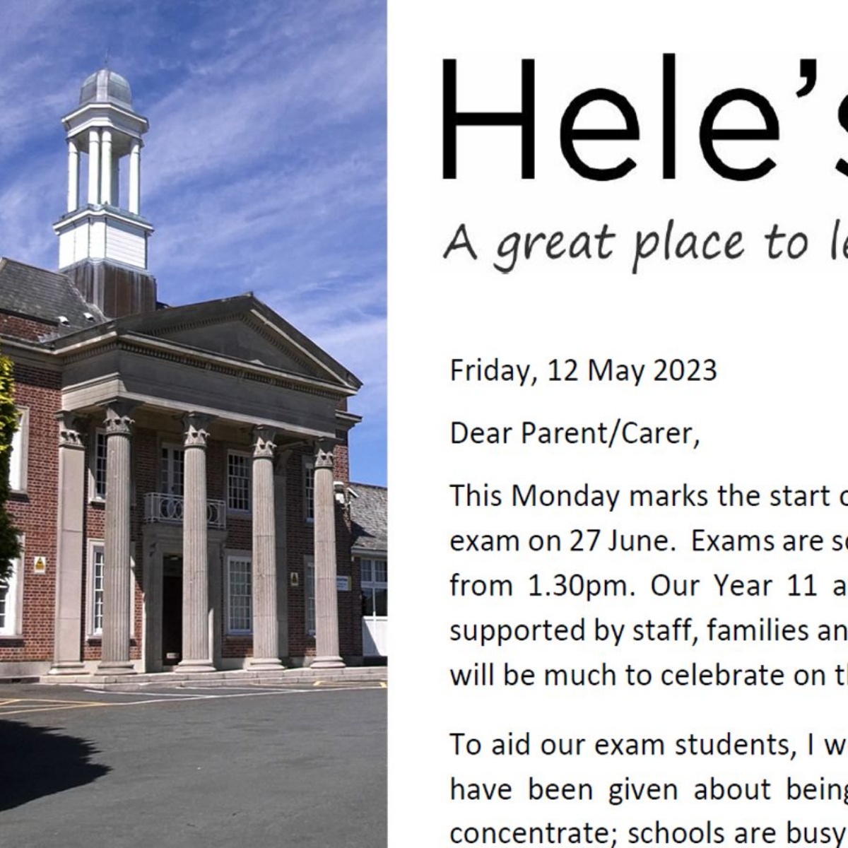 Hele's School - Parent/Carer Update 12-05-23