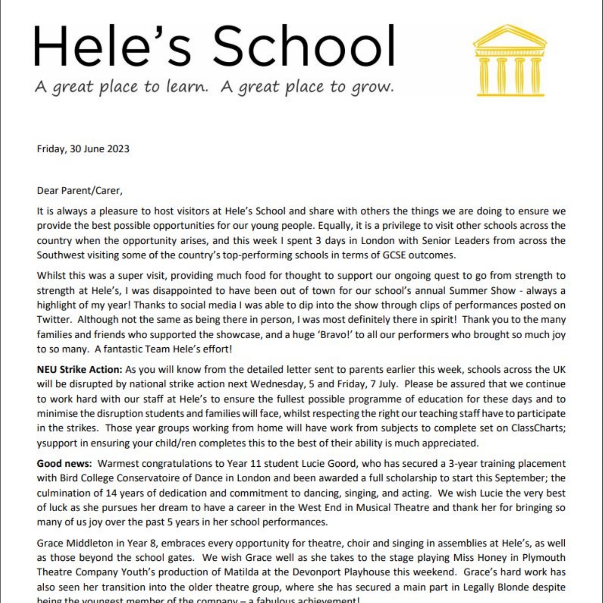 Hele's School - Parent/Carer Update 30-06-23