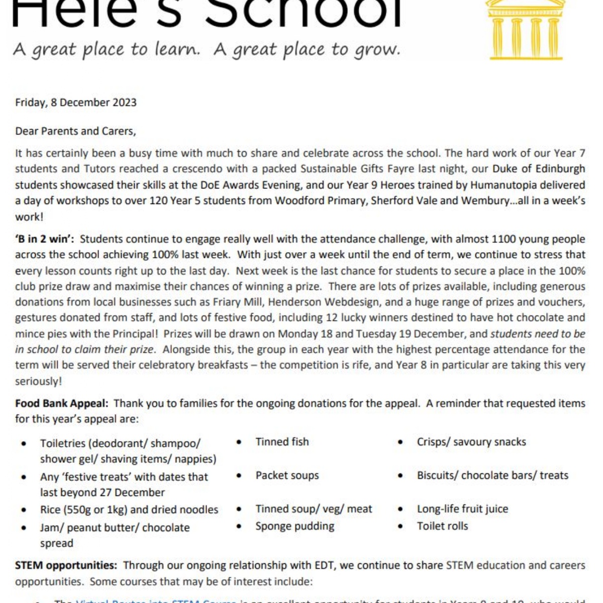 Hele's School - Parent/Carer Update 08-12-23